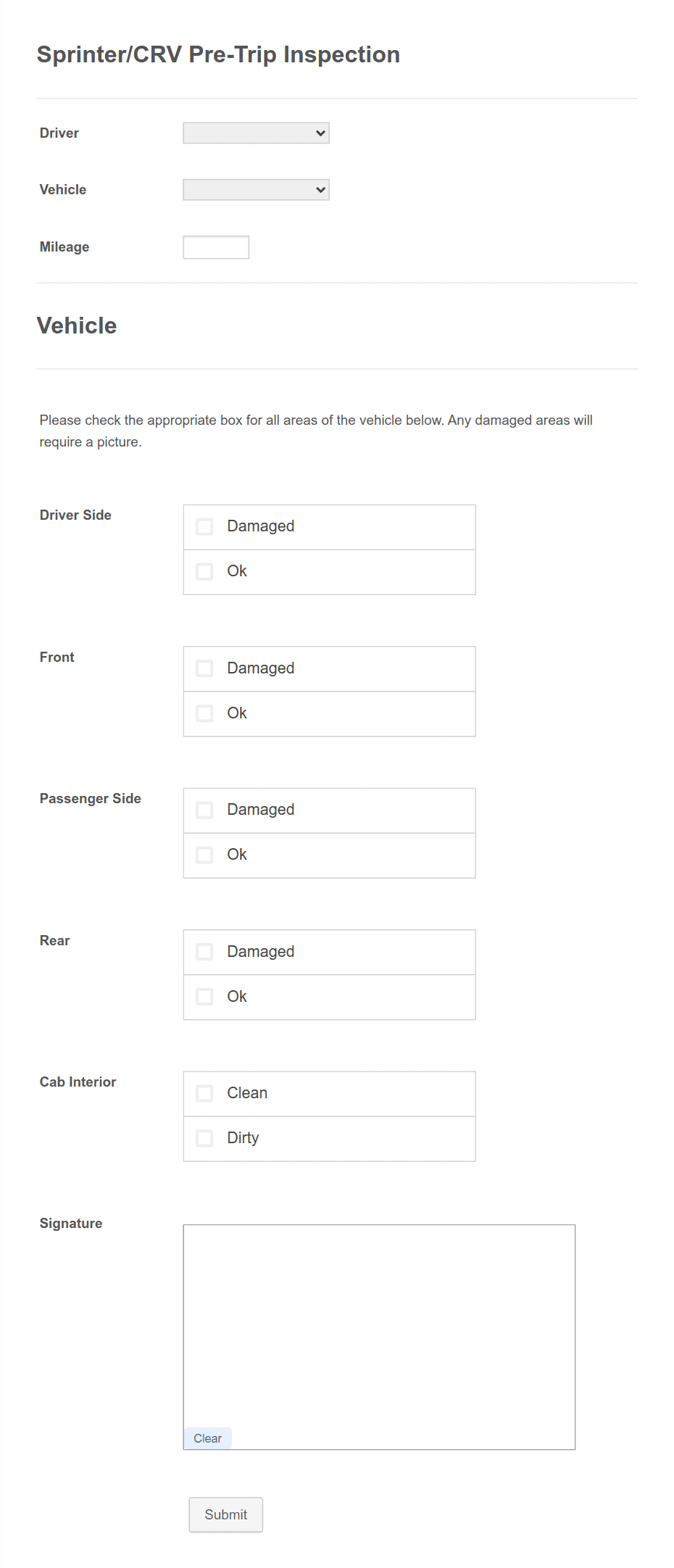 Sprinter/CRV Pre Trip Inspection Form Template | Jotform