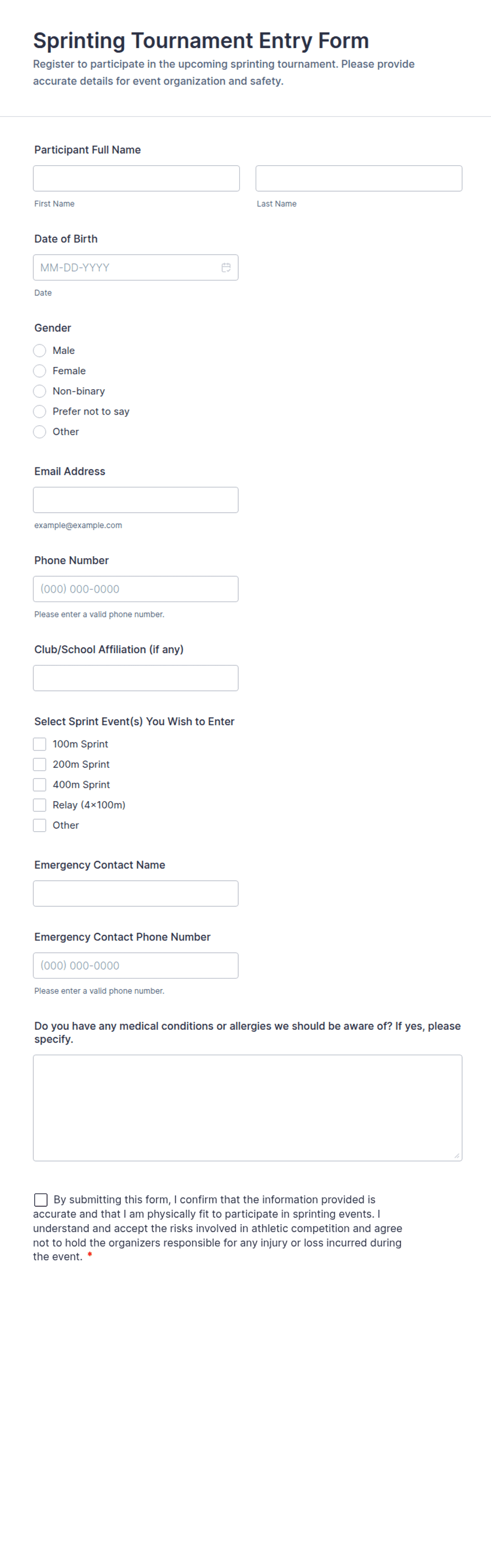 Sprinting Tournament Entry Form Template | Jotform