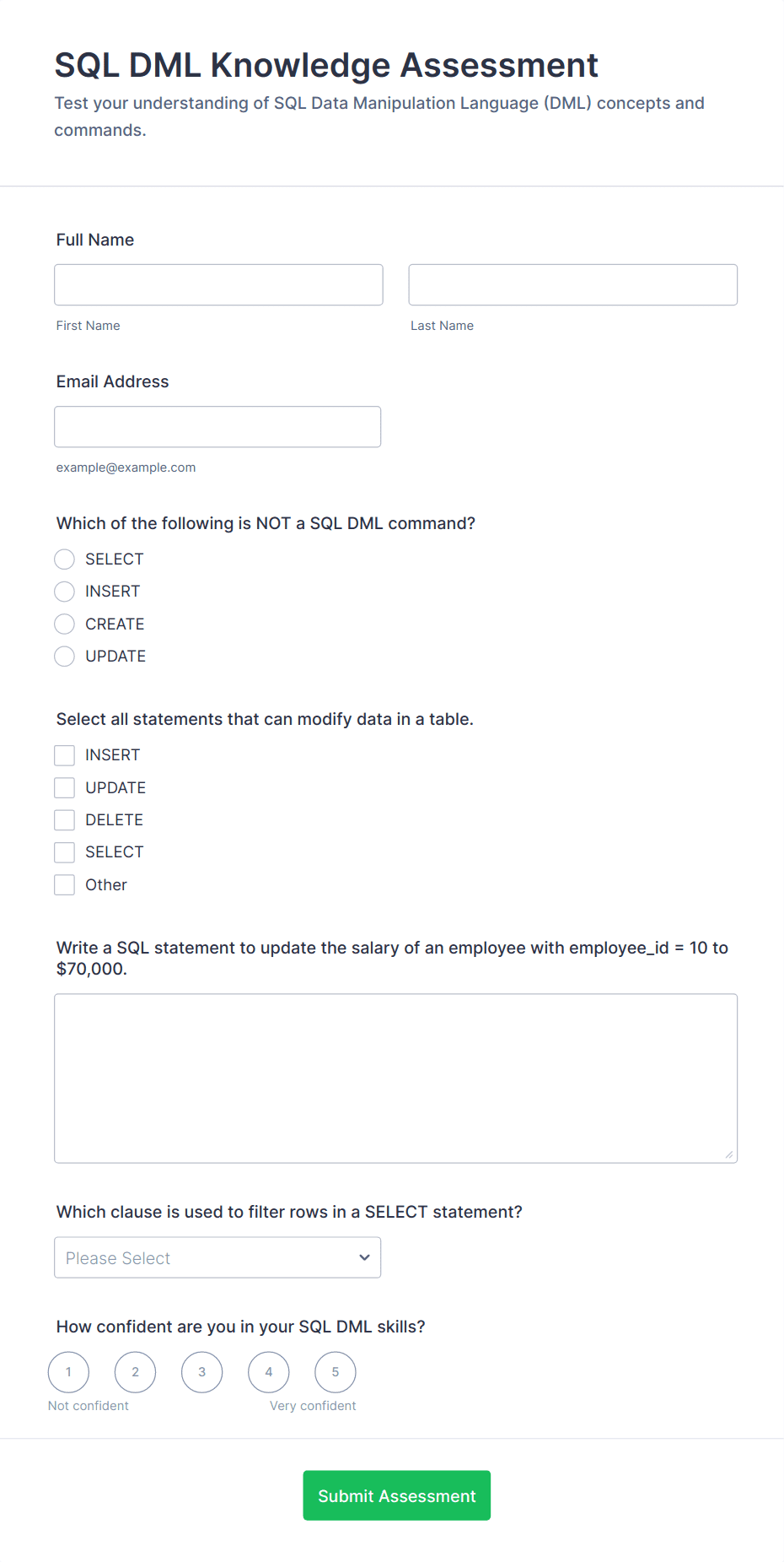 SQL DML Knowledge Assessment Form Template | Jotform