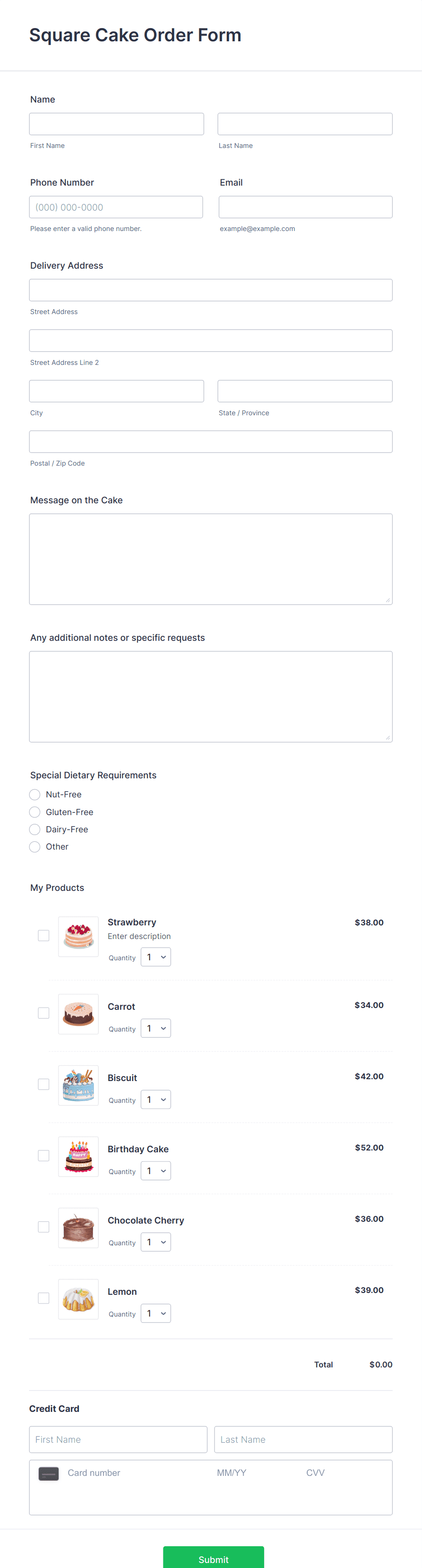 Square Cake Order Form Template | Jotform
