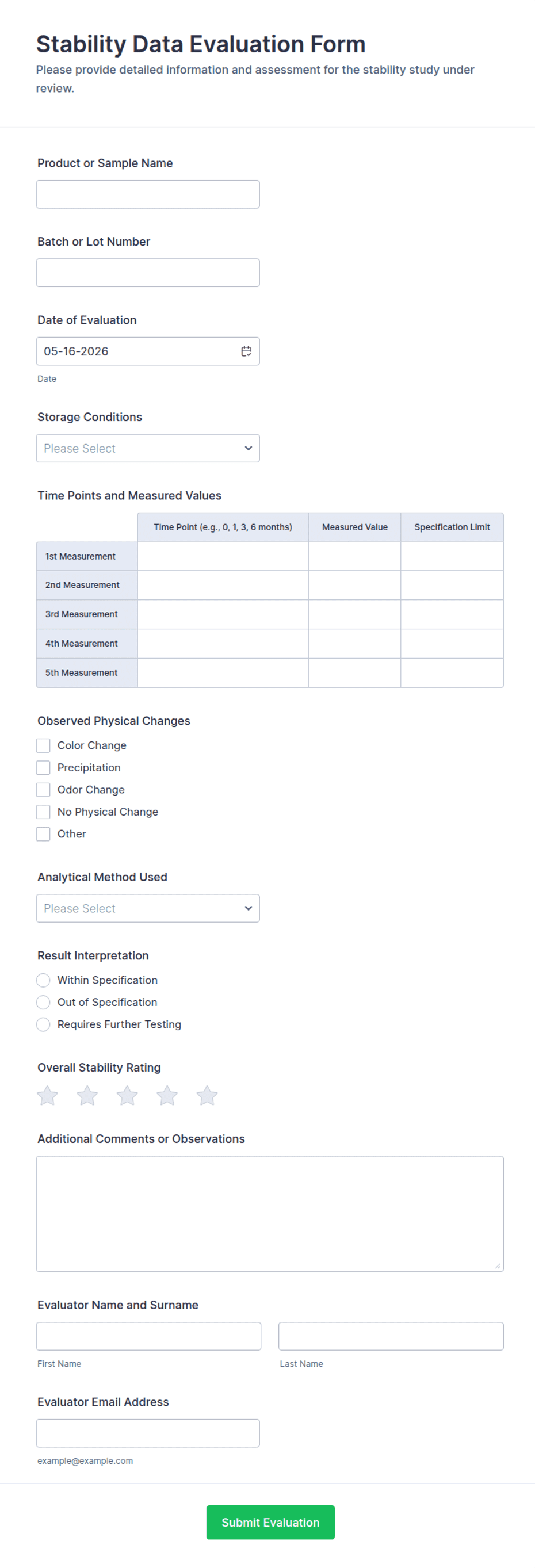 Stability Data Evaluation Form Template | Jotform