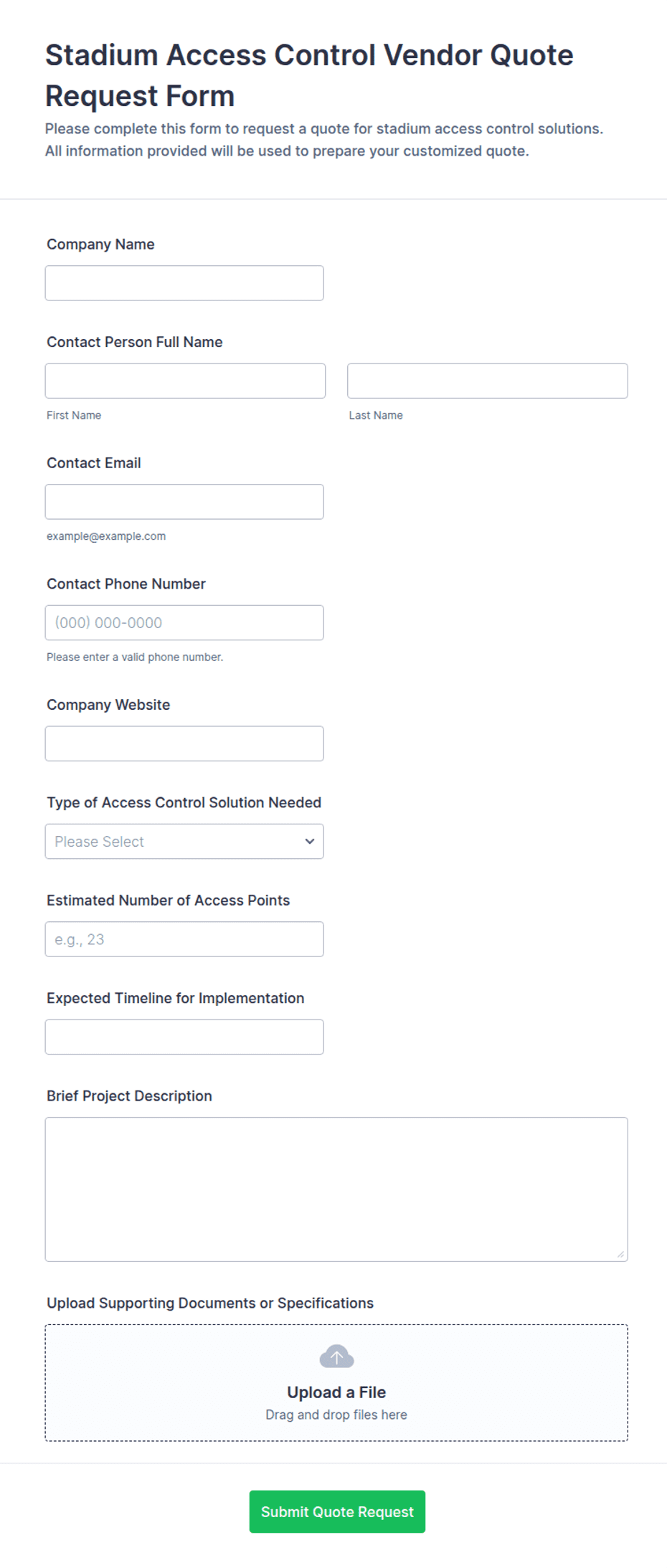 Stadium Access Control Vendor Quote Request Form Template | Jotform