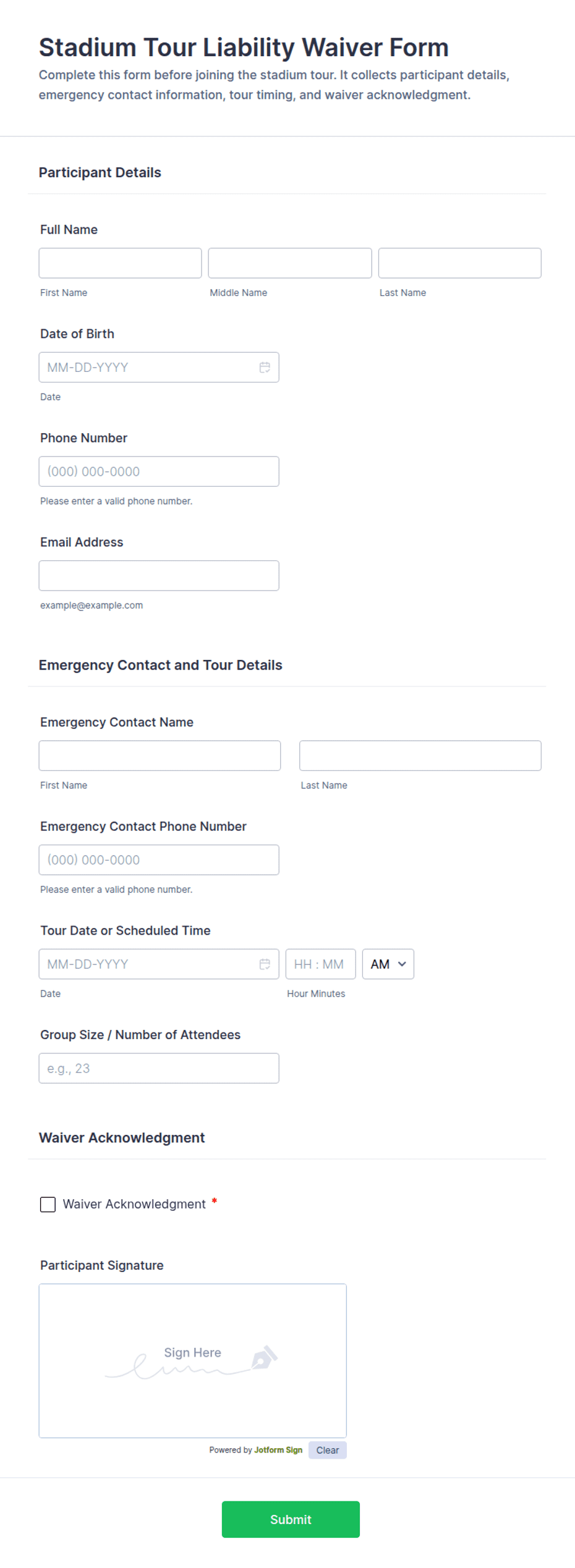 Stadium Tour Liability Waiver Form Template | Jotform