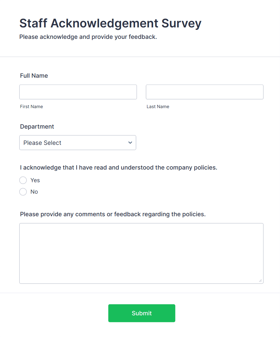 Staff Acknowledgement Survey Form Template | Jotform