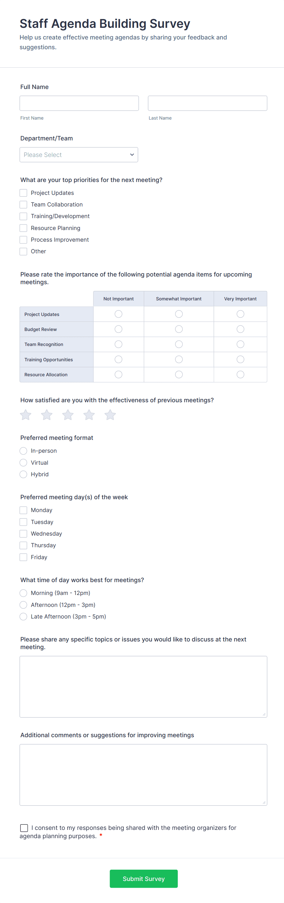 Staff Agenda Building Survey Form Template | Jotform
