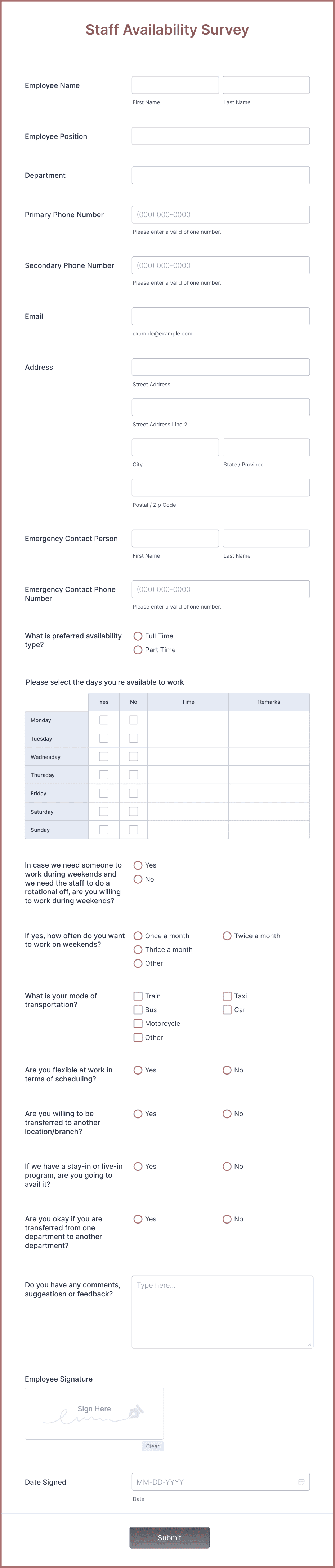Staff Availability Survey Form Template | Jotform
