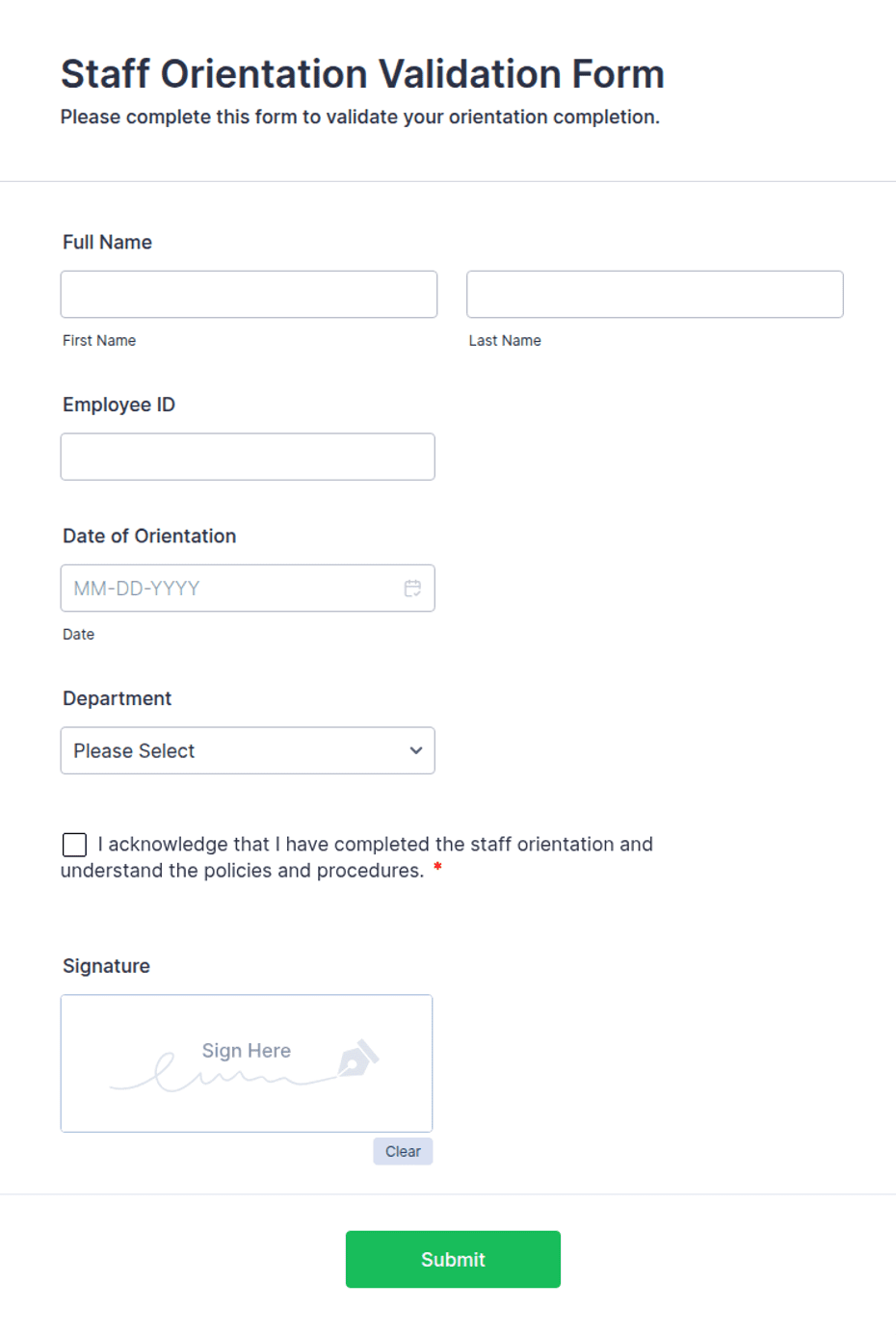 Staff Orientation Validation Form Template | Jotform