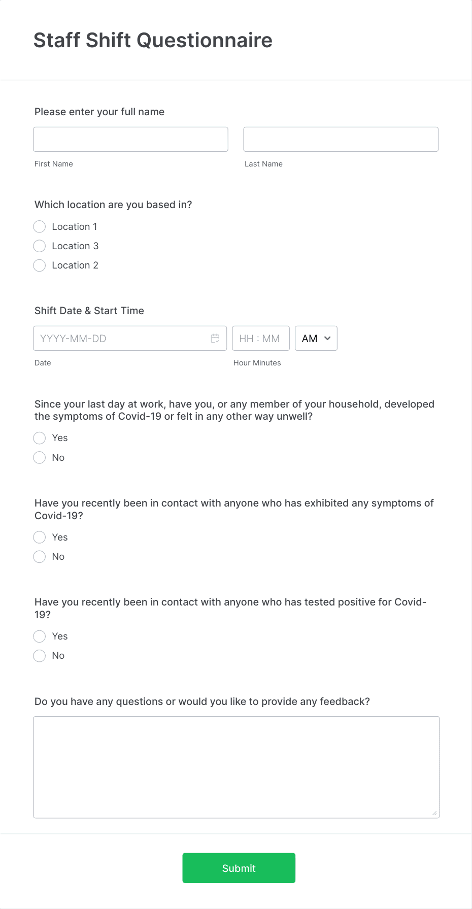Staff Shift Questionnaire Form Template | Jotform