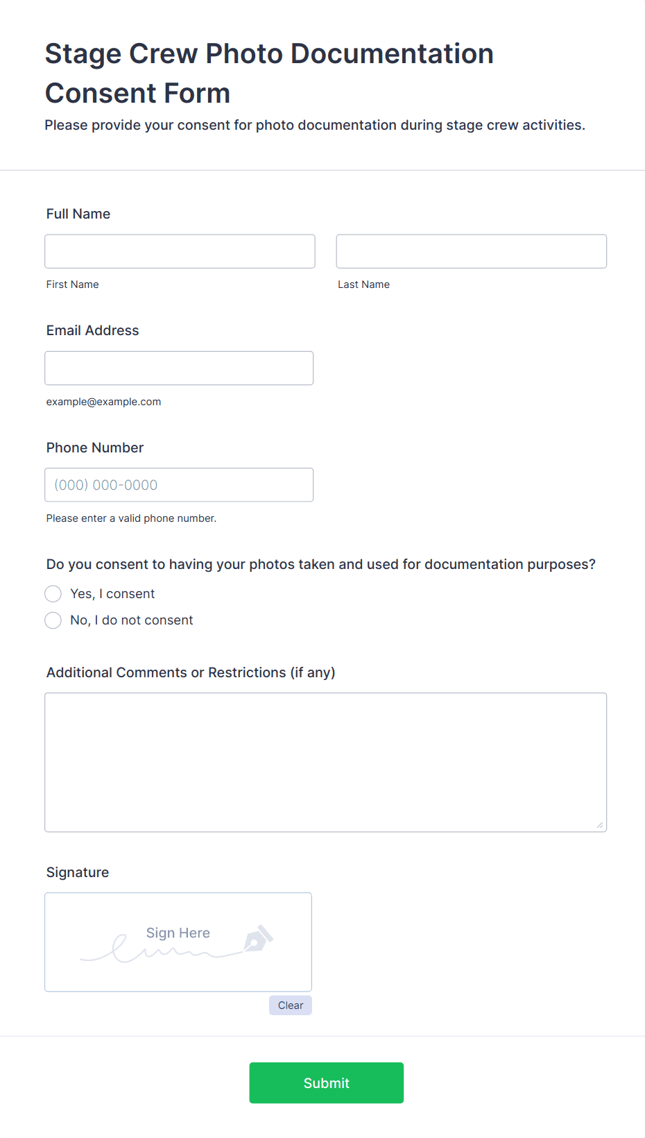Stage Crew Photo Documentation Consent Form Template | Jotform
