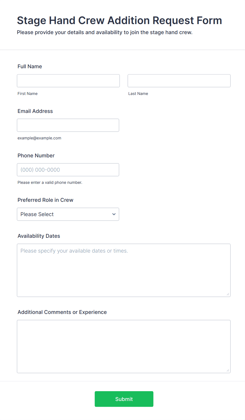 Stage Hand Crew Addition Request Form Template | Jotform