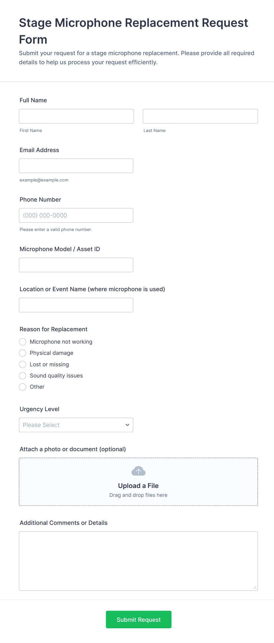 Stage Microphone Replacement Request Form Template | Jotform