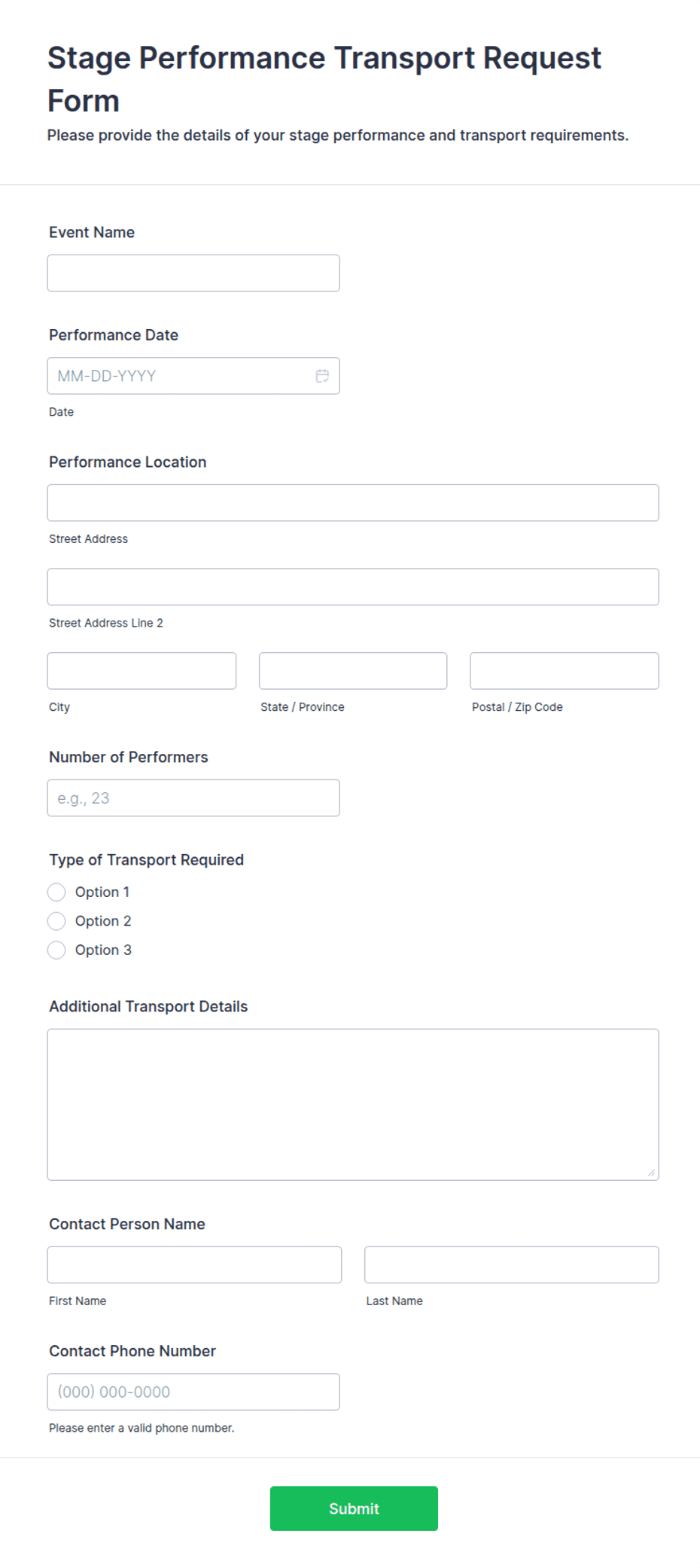 Stage Performance Transport Request Form Template | Jotform