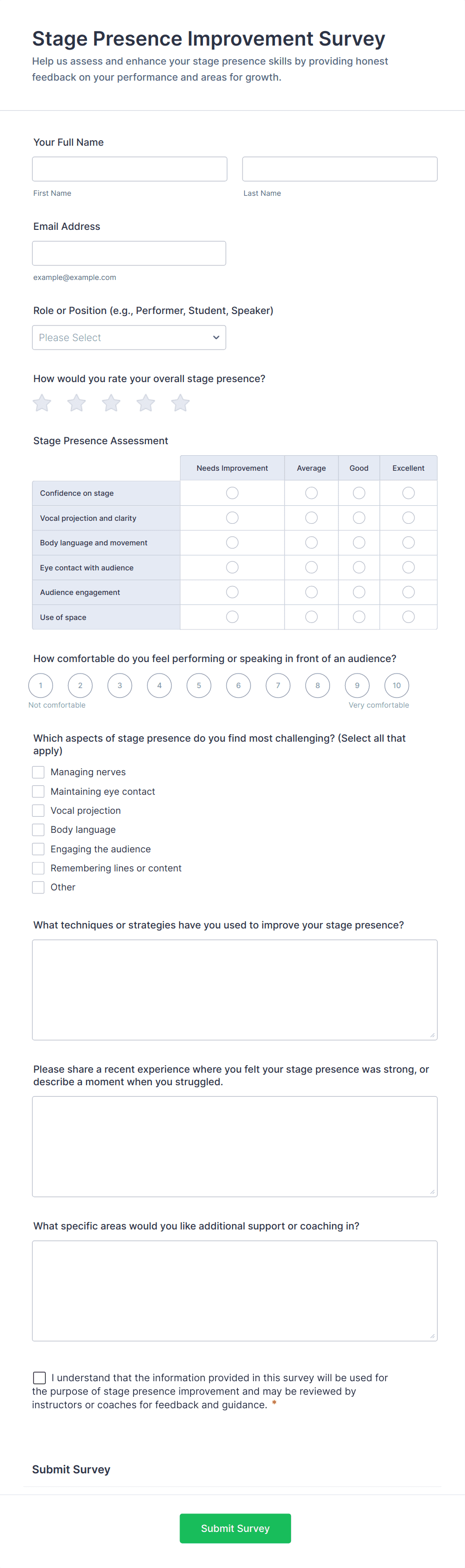Stage Presence Improvement Survey Form Template | Jotform