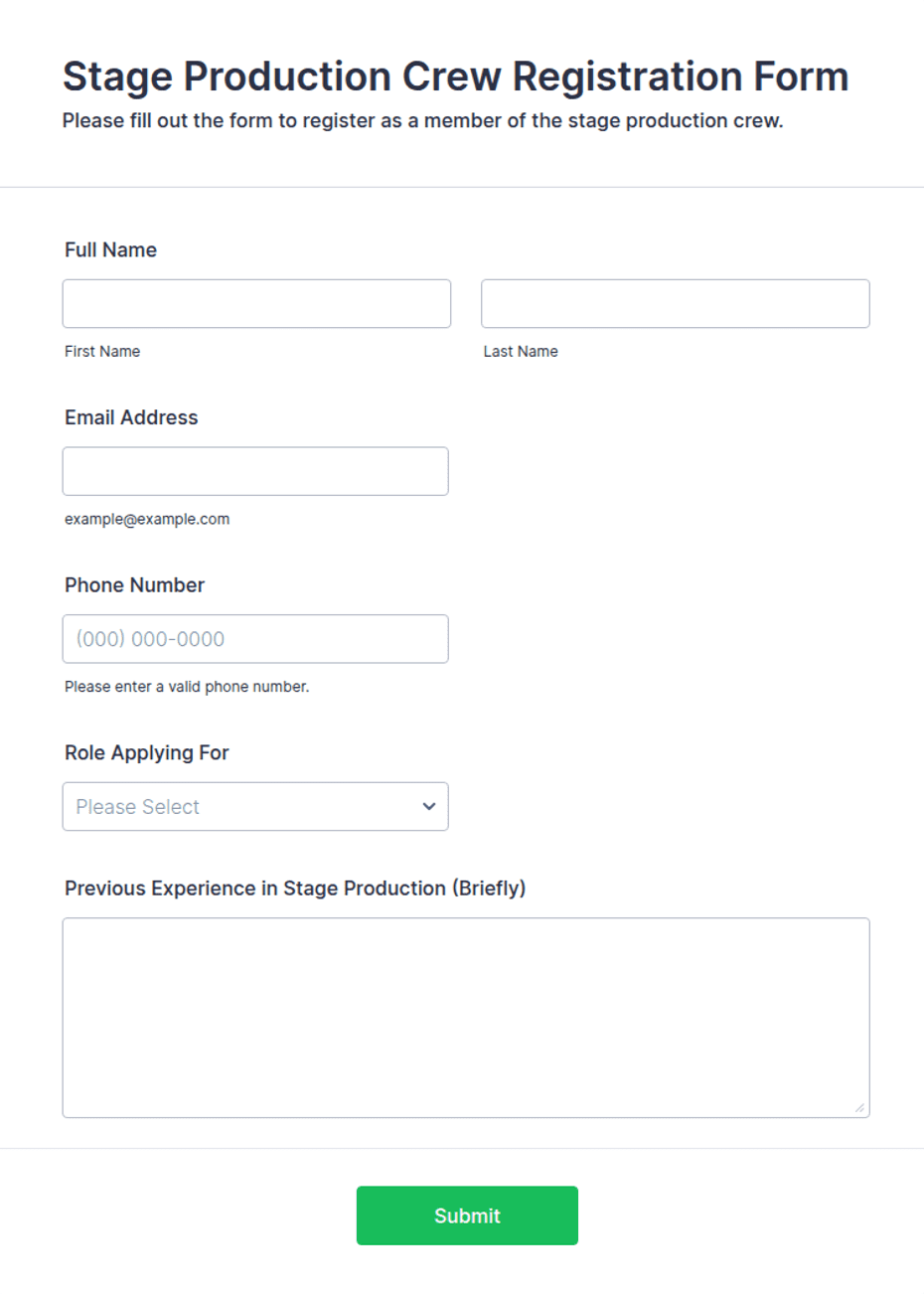 Stage Production Crew Registration Form Template | Jotform