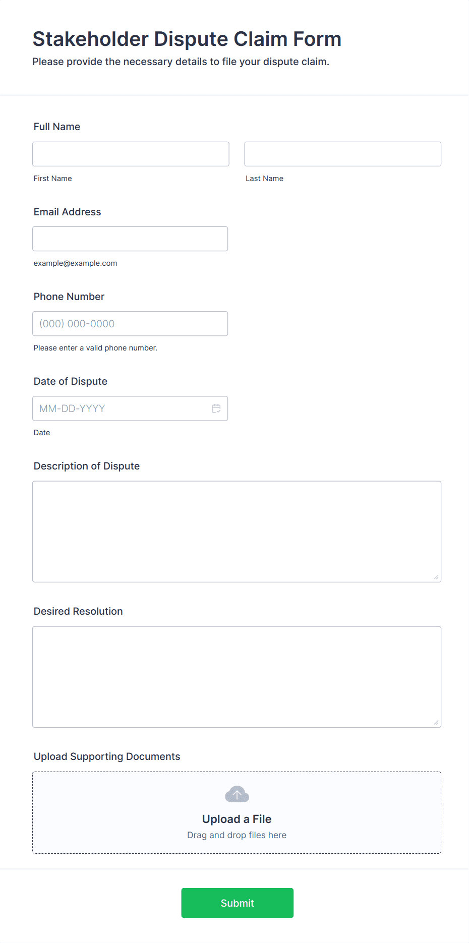 Stakeholder Dispute Claim Form Template | Jotform
