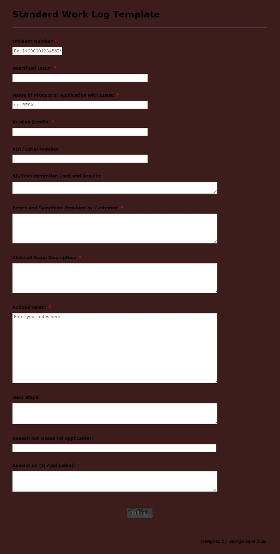 Standard Work Log Template Form Template | Jotform