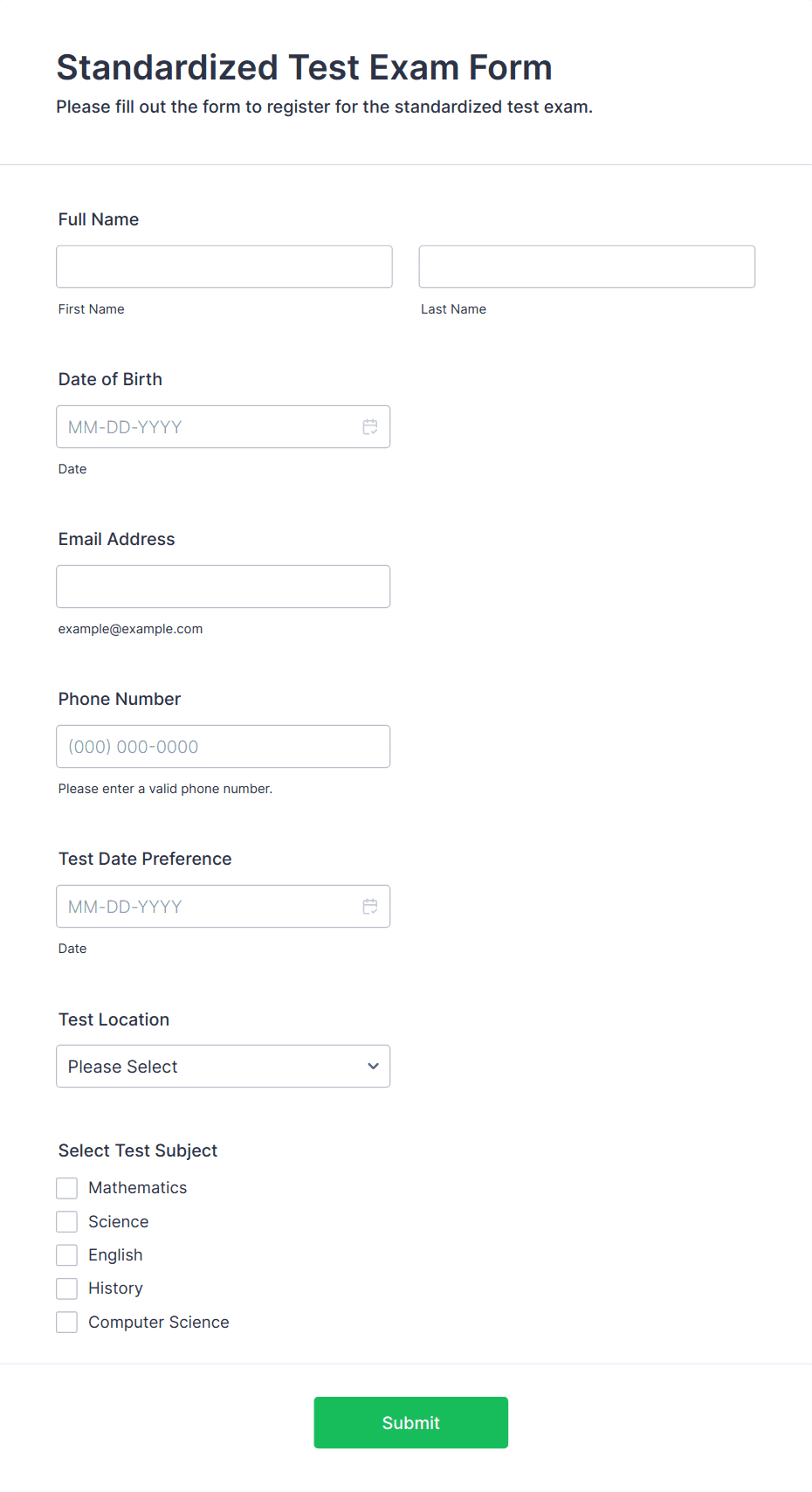 Standardized Test Exam Form Template | Jotform