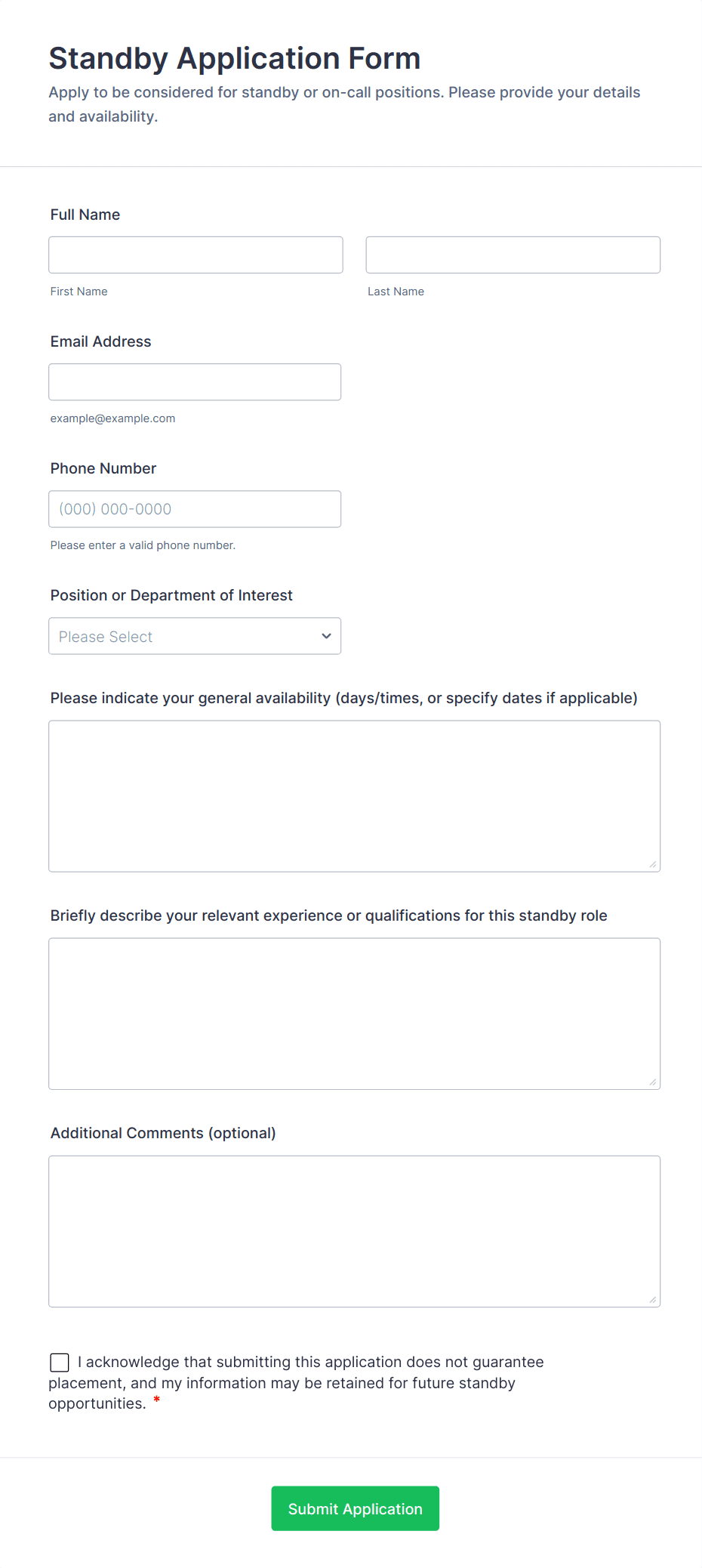 Standby Application Form Template | Jotform