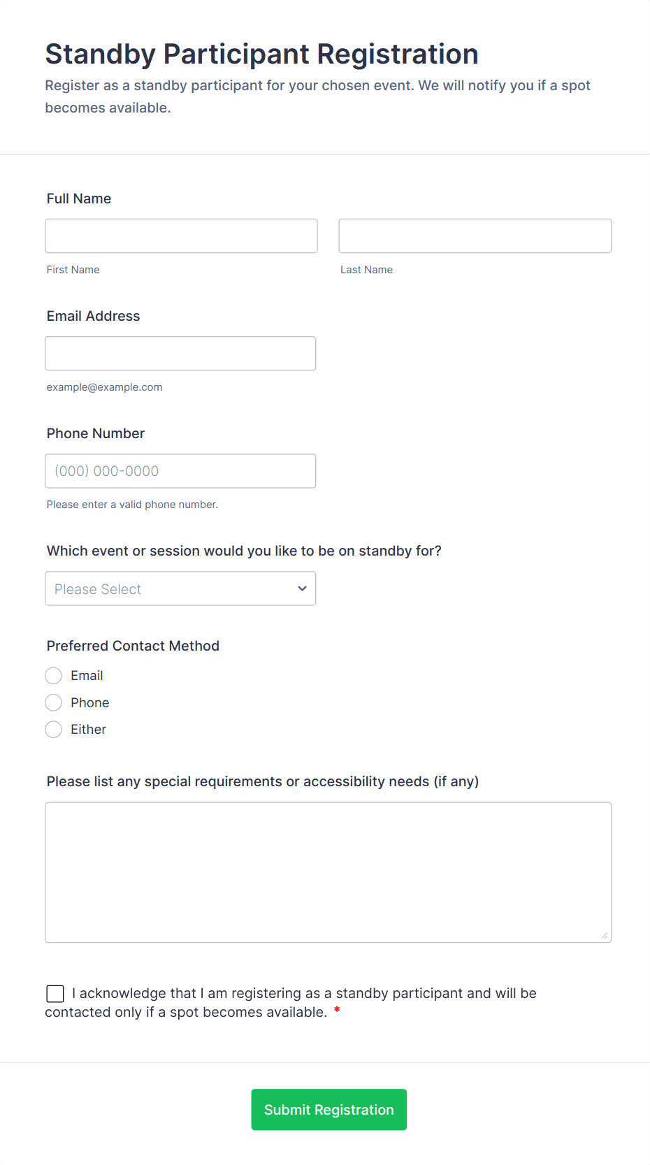 Standby Participant Registration Form Template | Jotform