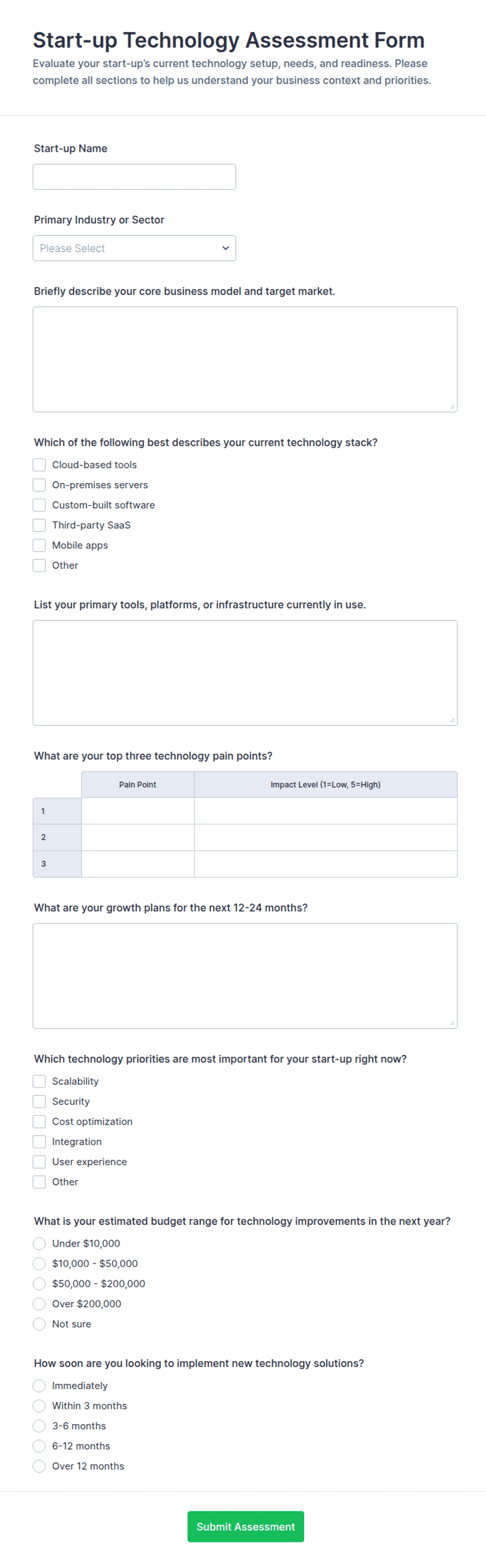Start-up Technology Assessment Form Template | Jotform