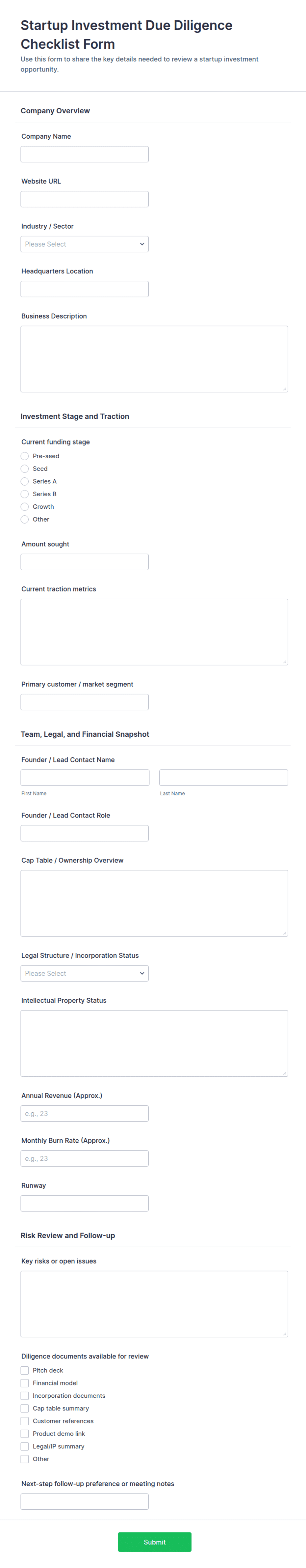 Startup Investment Due Diligence Checklist Form Template | Jotform