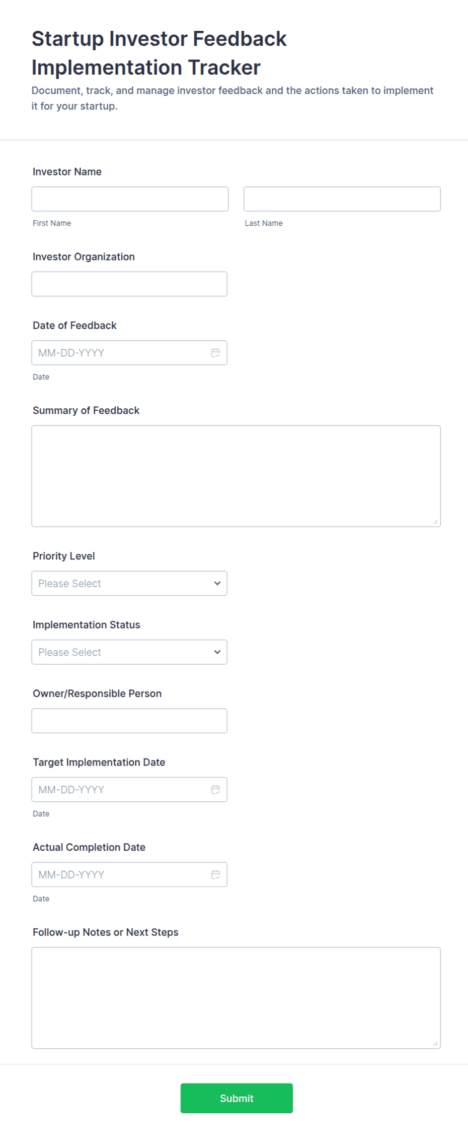 Startup Investor Feedback Implementation Tracker Form Template | Jotform