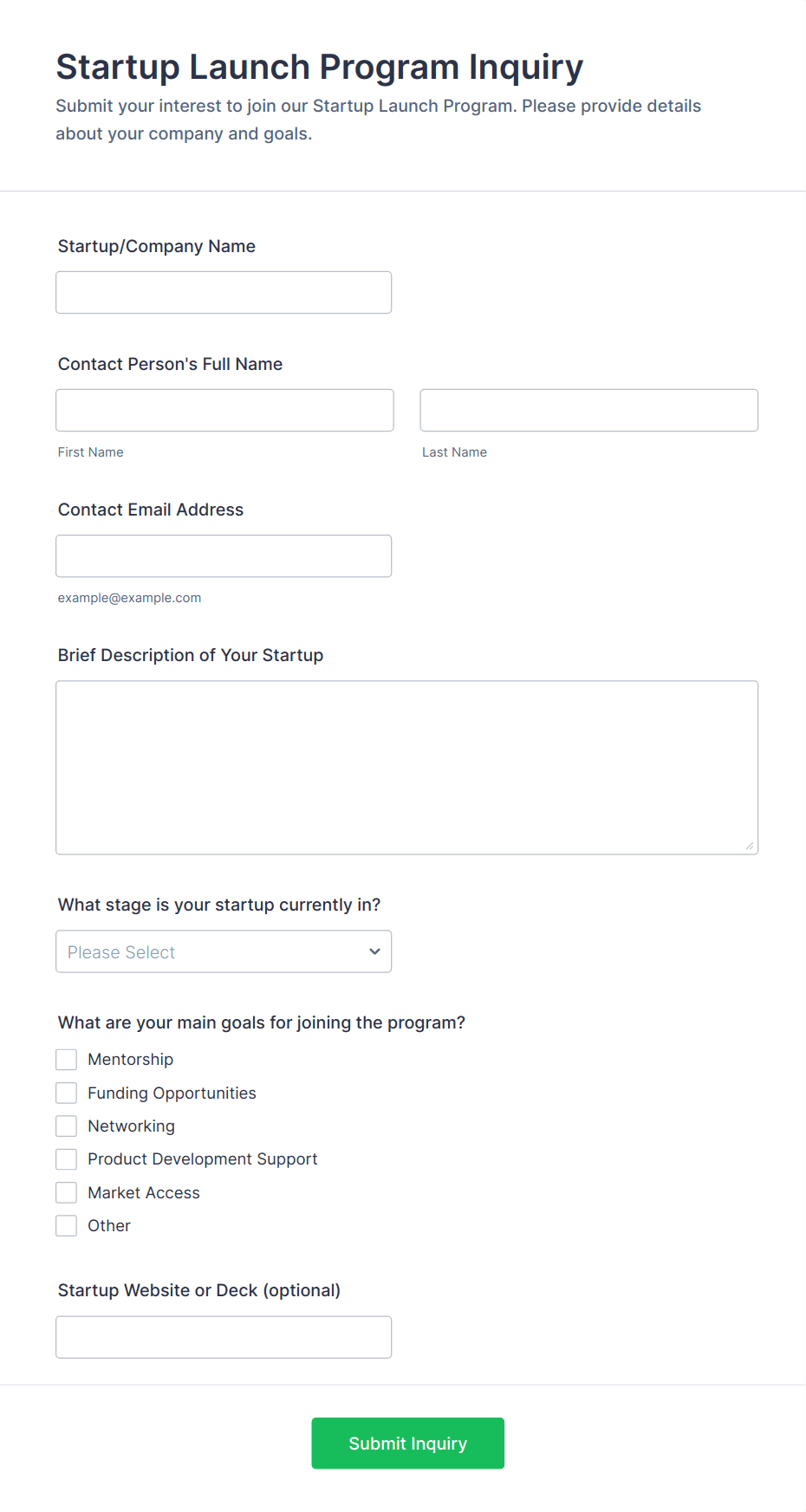 Startup Launch Program Inquiry Form Template | Jotform
