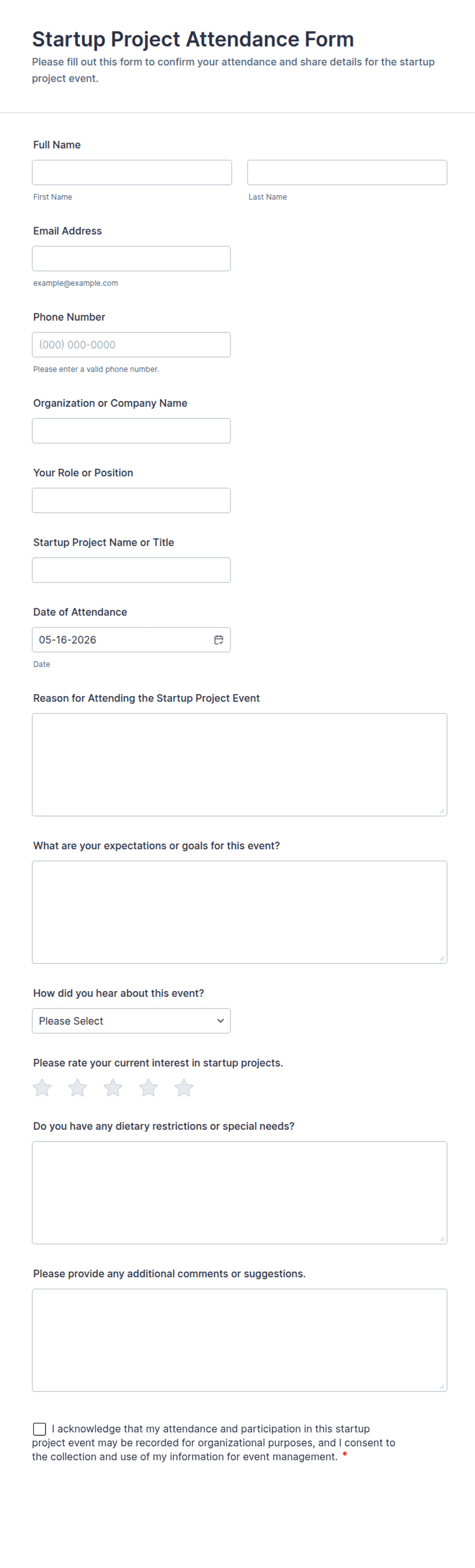 Startup Project Attendance Form Template | Jotform