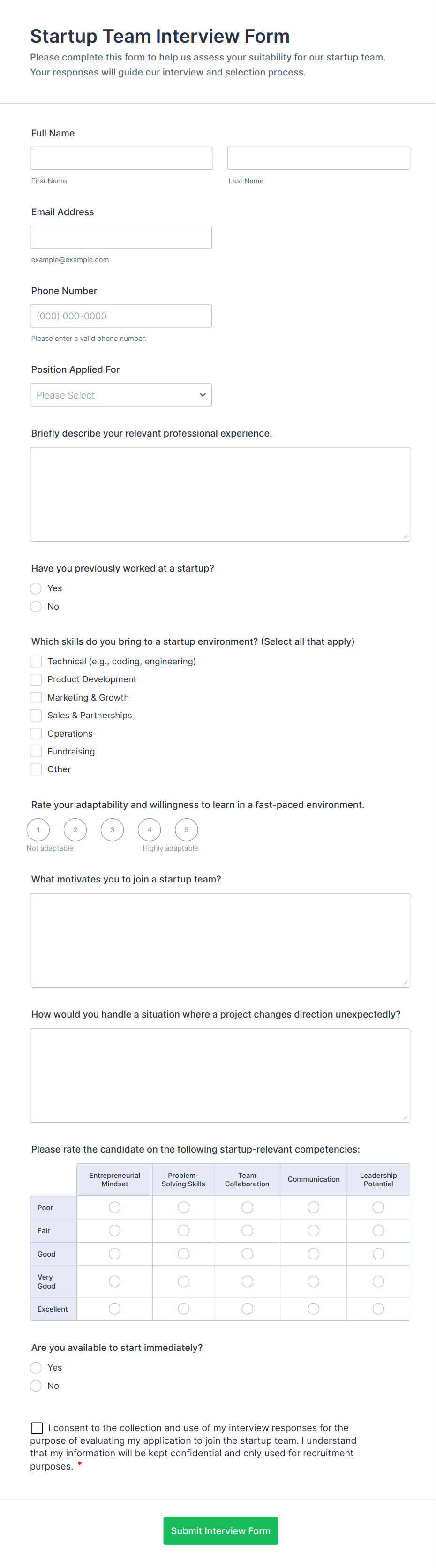 Startup Team Interview Form Form Template | Jotform