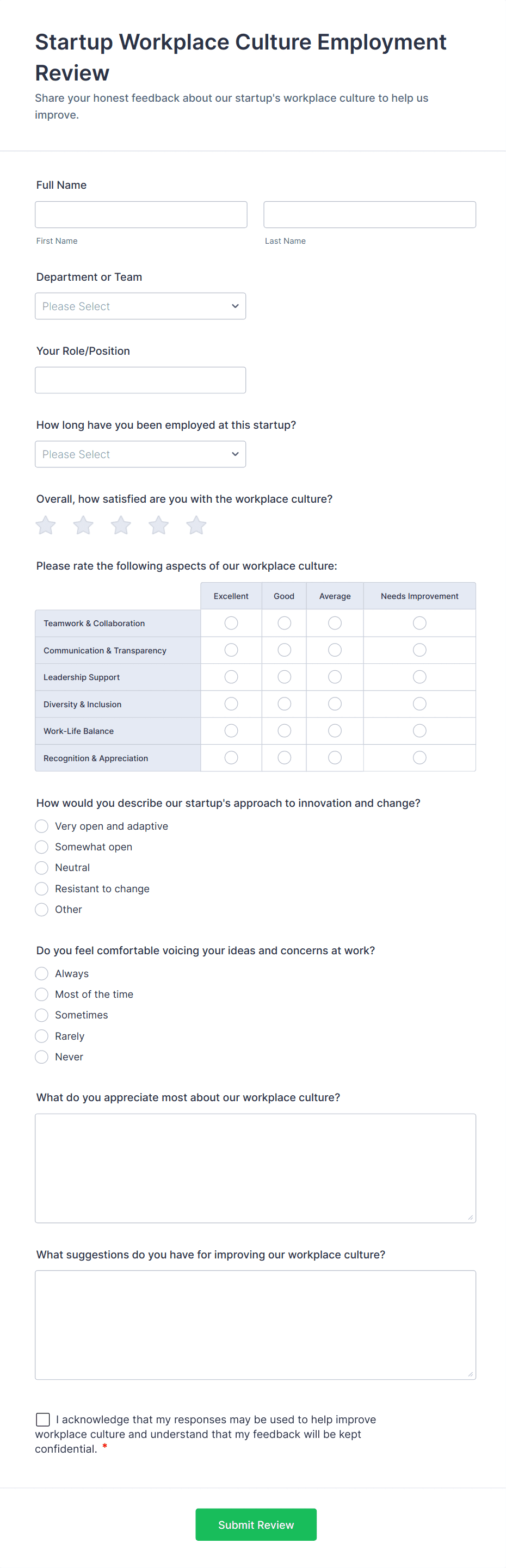 Startup Workplace Culture Employment Review Form Template | Jotform