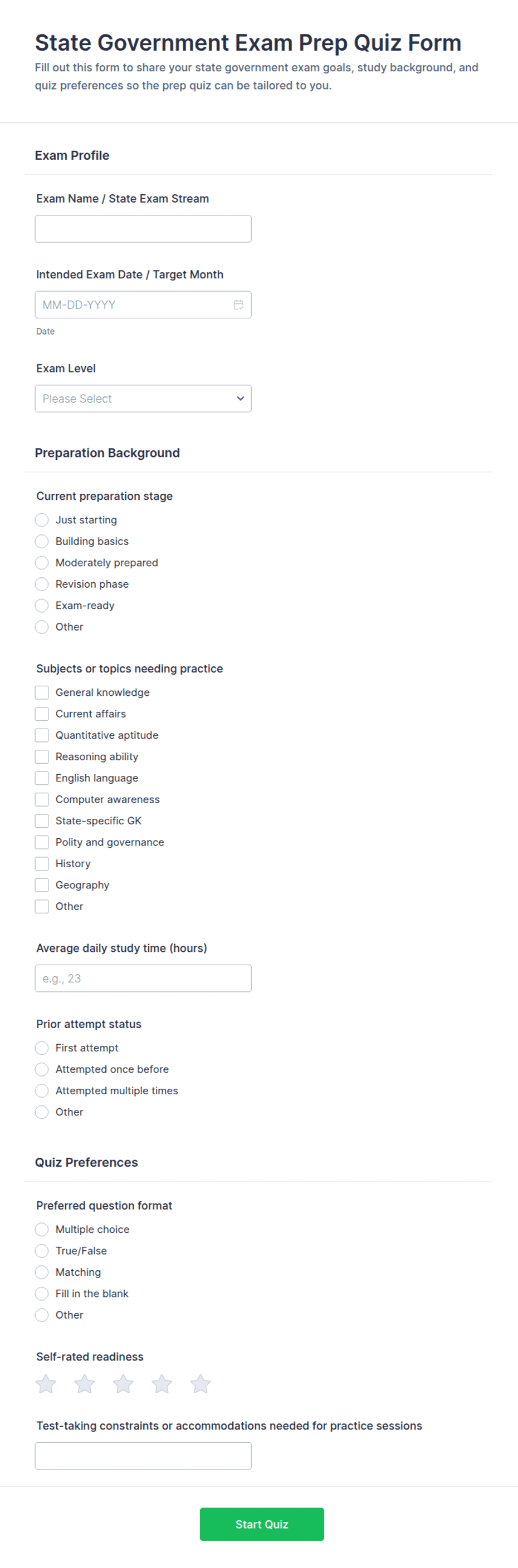 State Government Exam Prep Quiz Form Template | Jotform