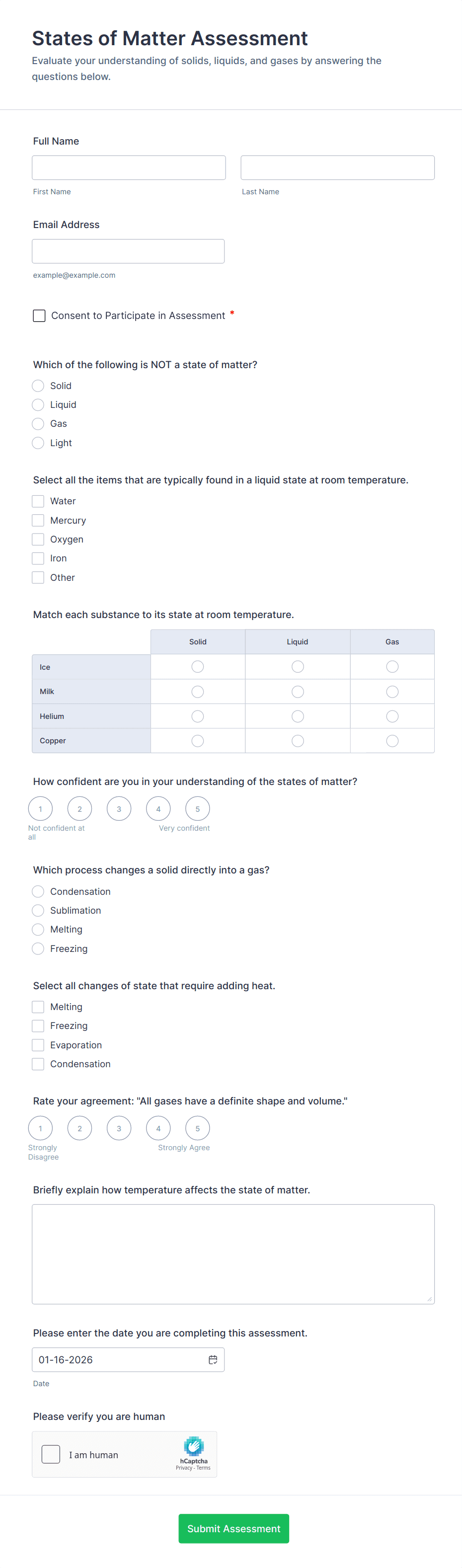 States of Matter Assessment Form Template | Jotform