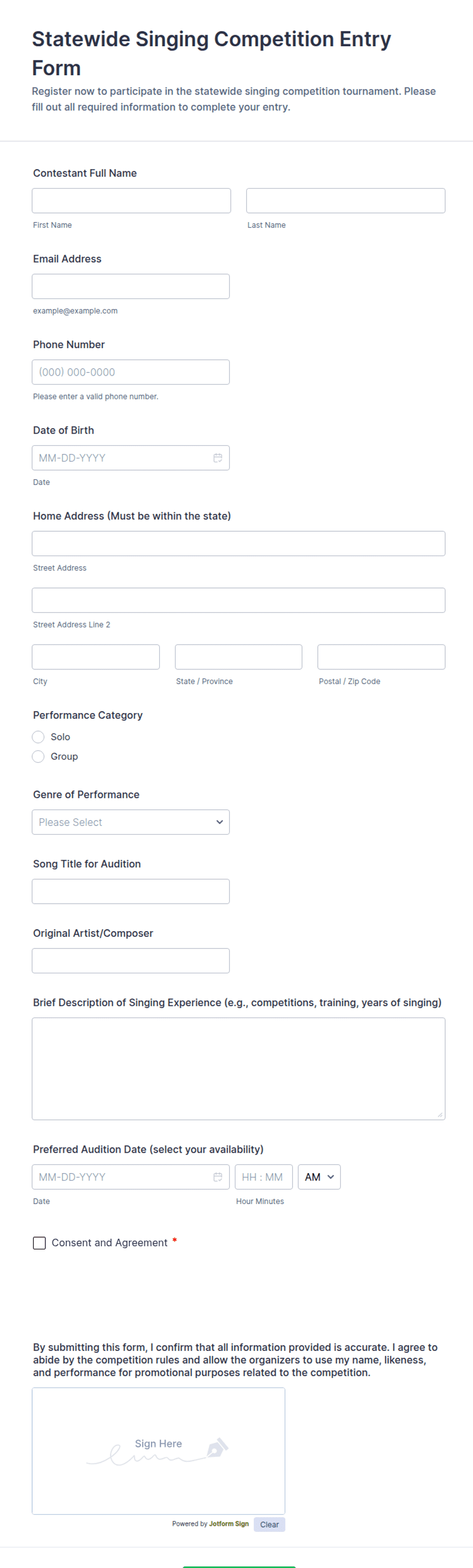 Statewide Singing Competition Entry Form Template | Jotform