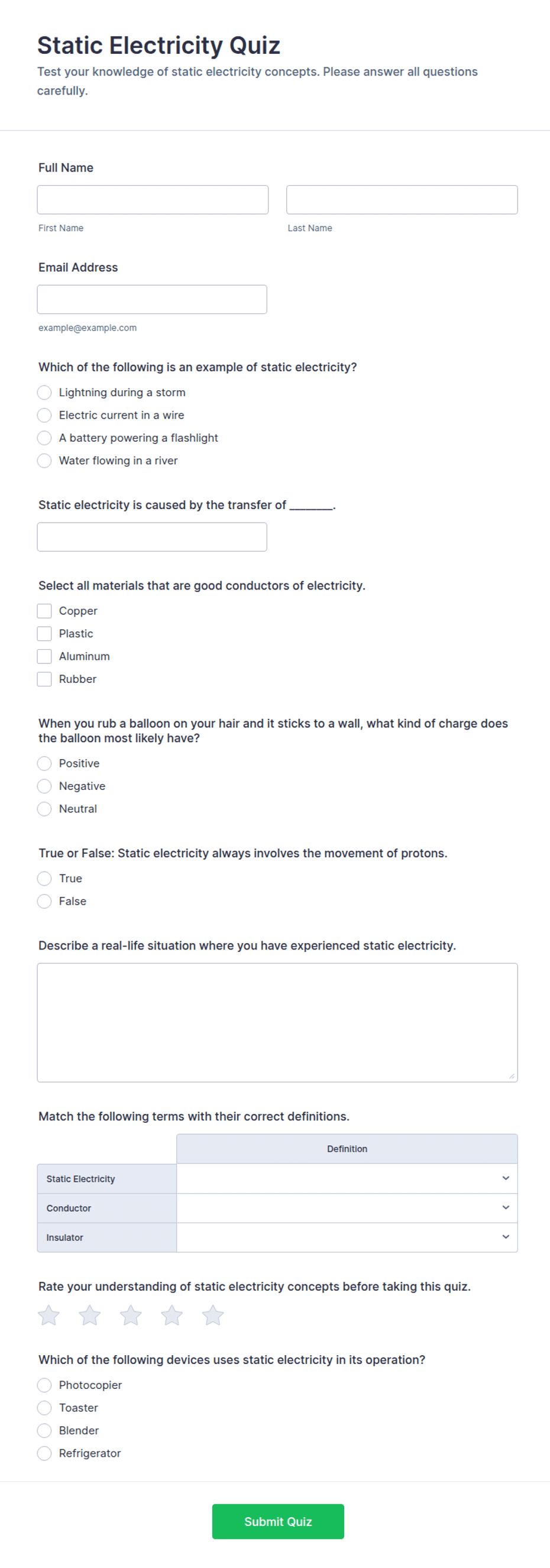 Static Electricity Quiz Form Template | Jotform