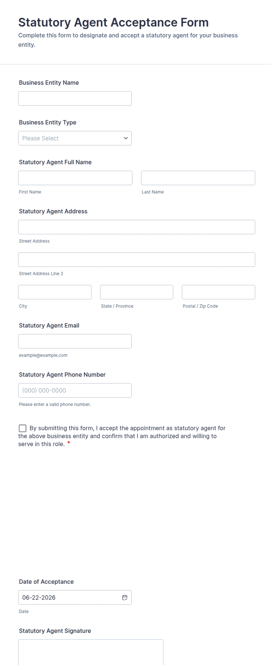 Statutory Agent Acceptance Form Template | Jotform