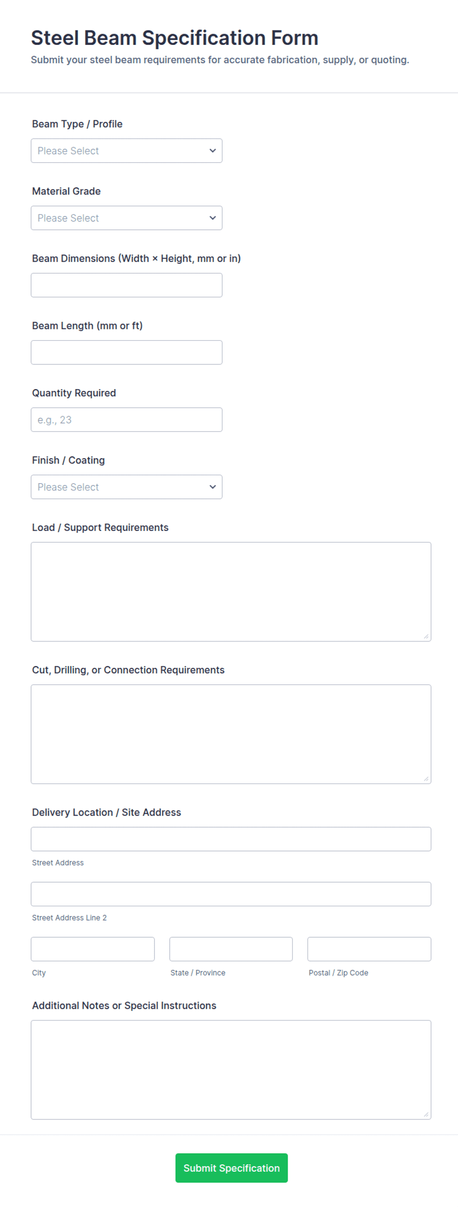 Steel Beam Specification Form Template | Jotform