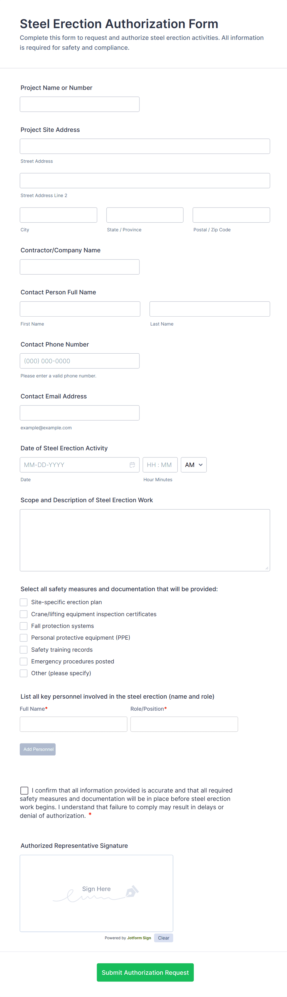 Steel Erection Authorization Form Template | Jotform