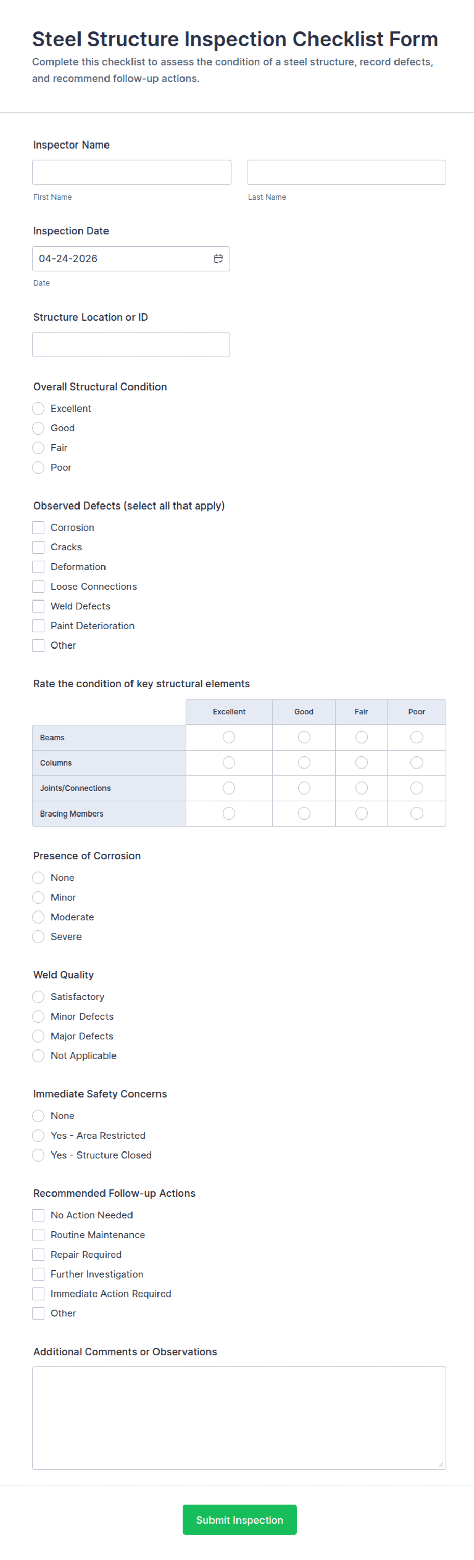 Steel Structure Inspection Checklist Form Template | Jotform