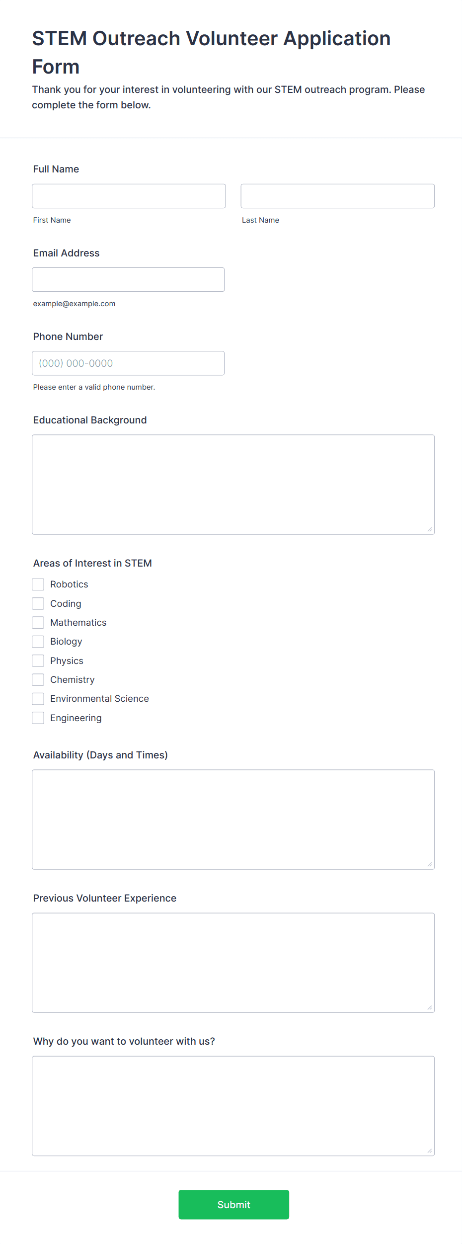 STEM Outreach Volunteer Application Form Template | Jotform