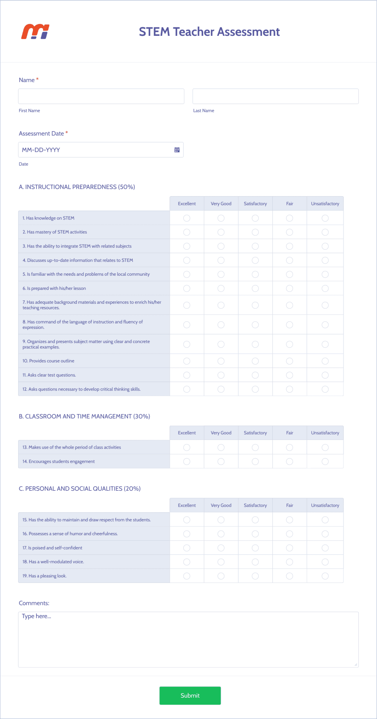 STEM Teacher Assessment Form Template | Jotform