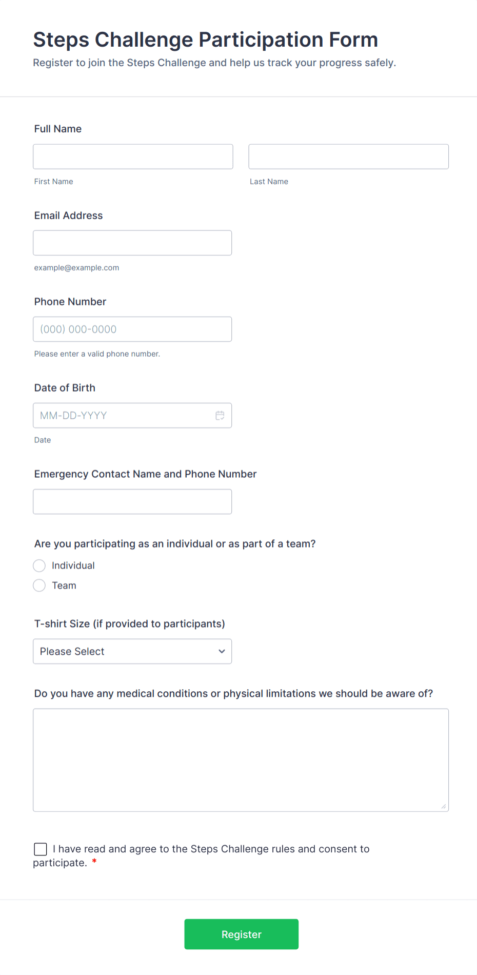 Steps Challenge Participation Form Template | Jotform