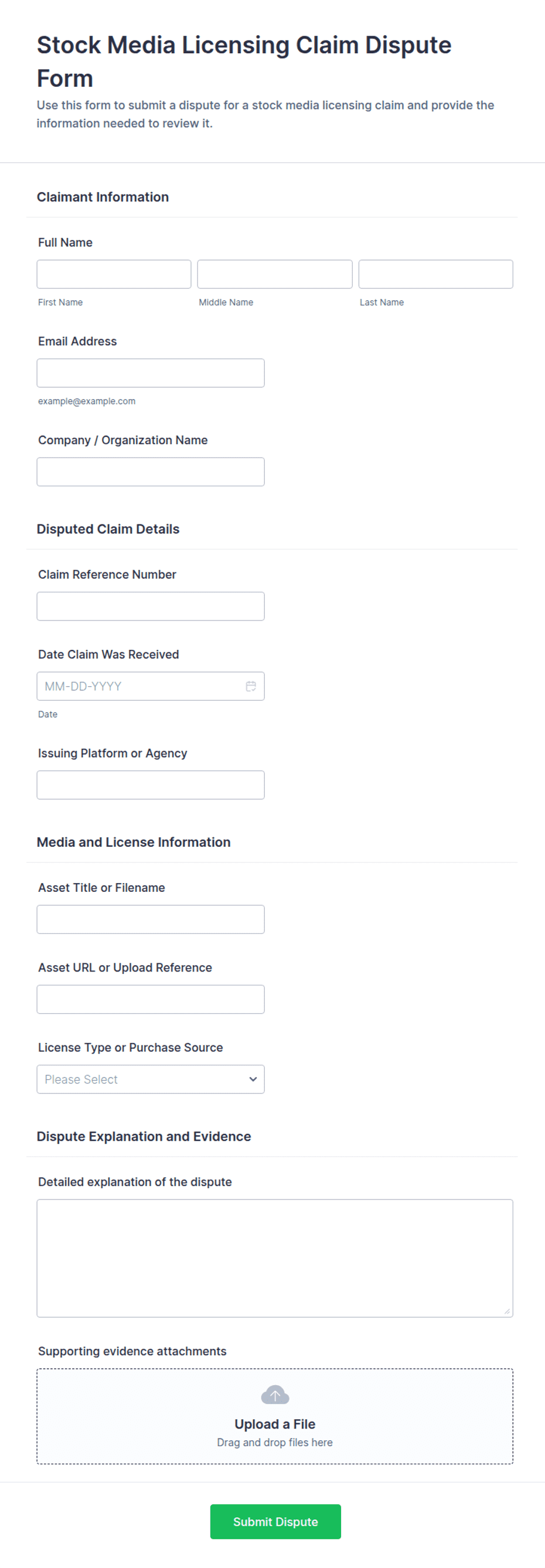 Stock Media Licensing Claim Dispute Form Template | Jotform
