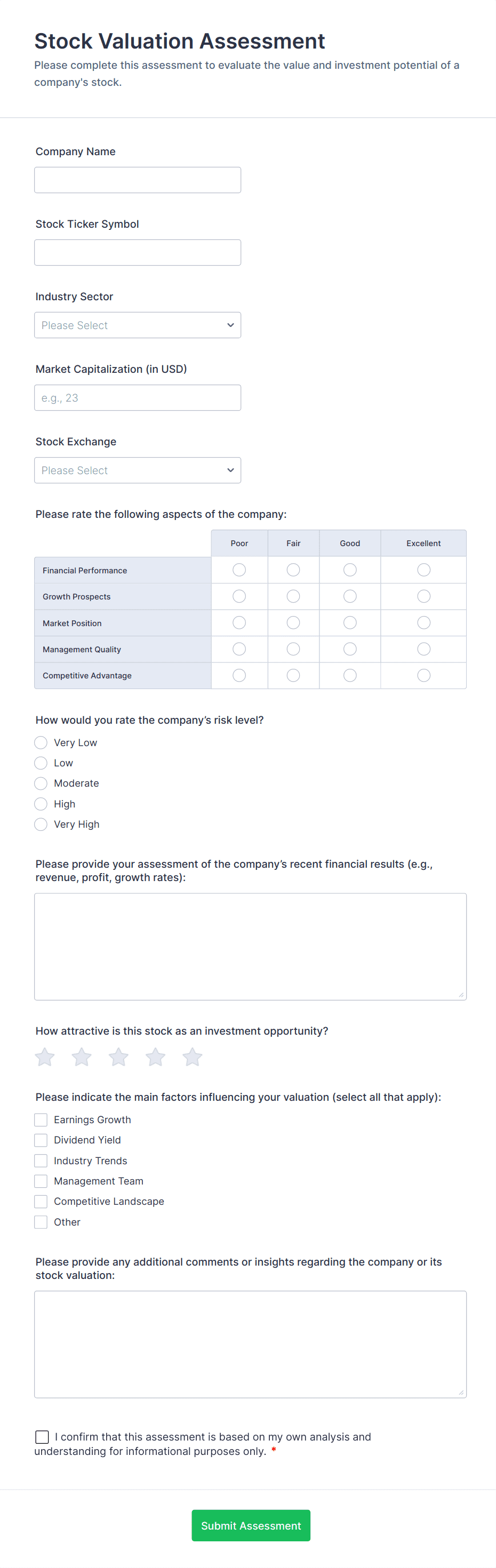 Stock Valuation Assessment Form Template | Jotform