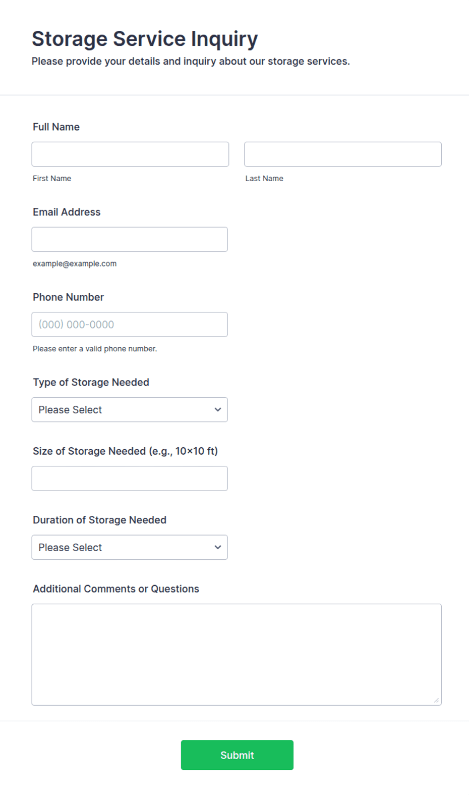 Storage Service Inquiry Form Template | Jotform