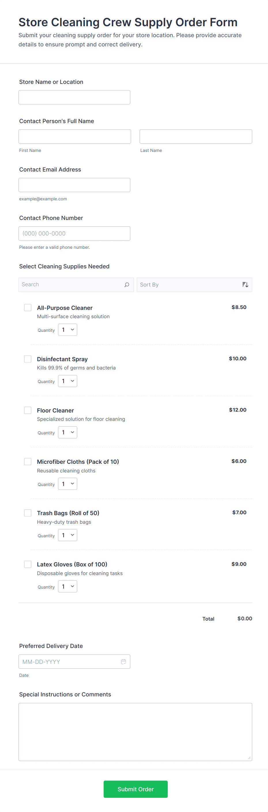 Store Cleaning Crew Supply Order Form Template | Jotform