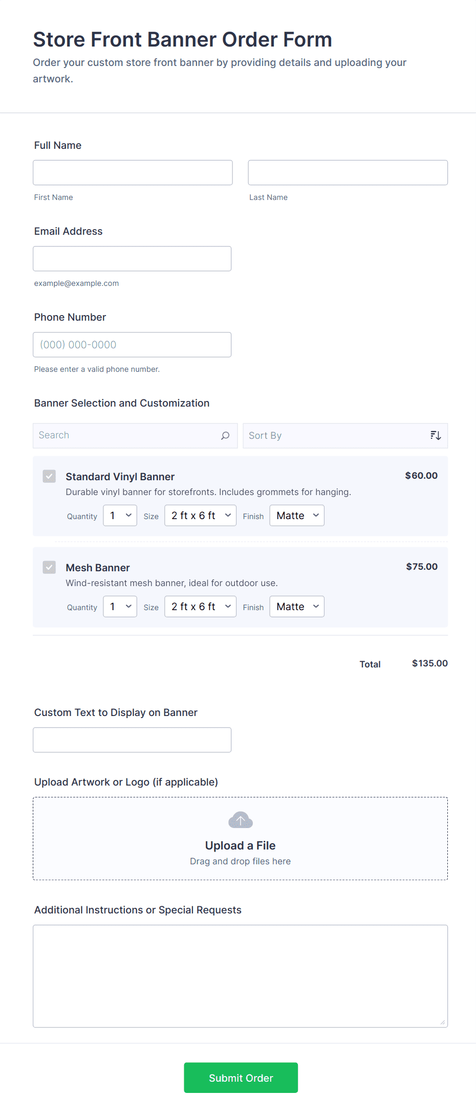 Store Front Banner Order Form Template | Jotform