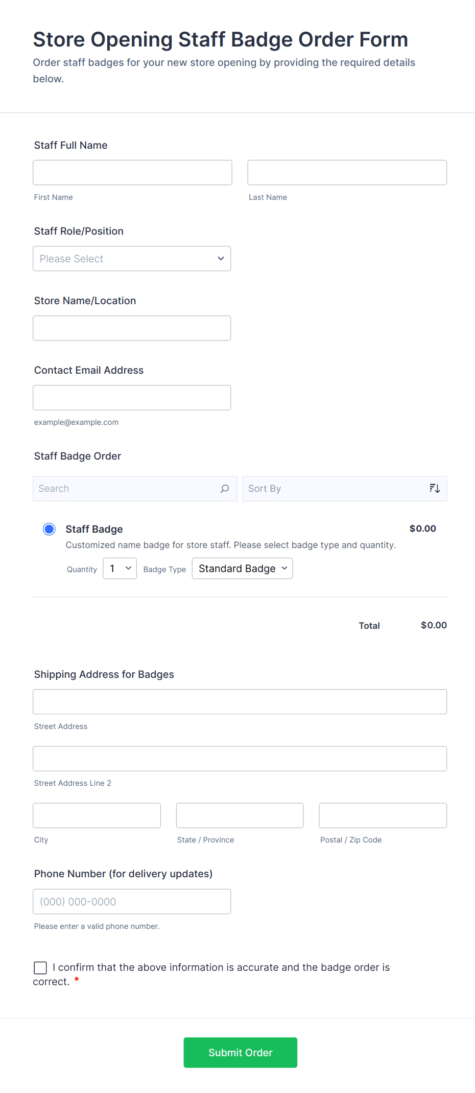 Store Opening Staff Badge Order Form Template | Jotform