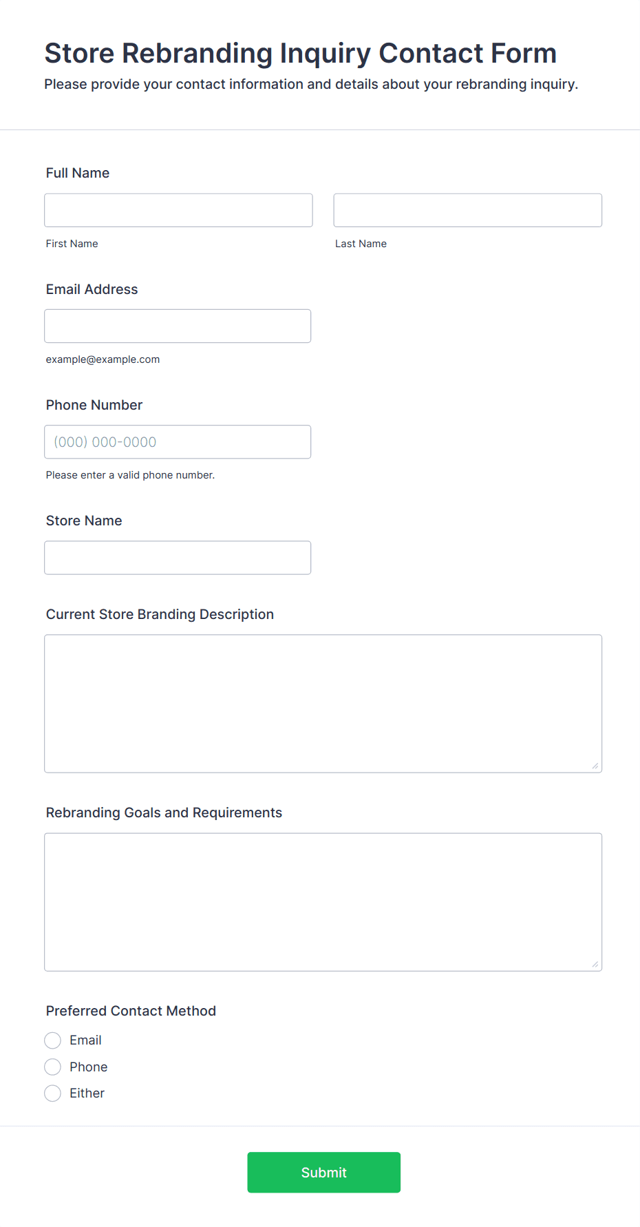 Store Rebranding Inquiry Contact Form Template | Jotform