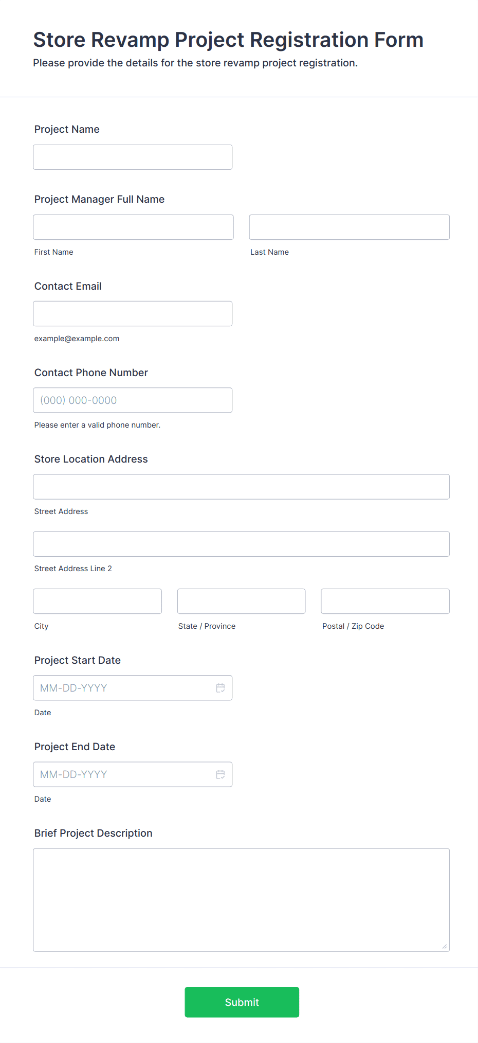 Store Revamp Project Registration Form Template | Jotform