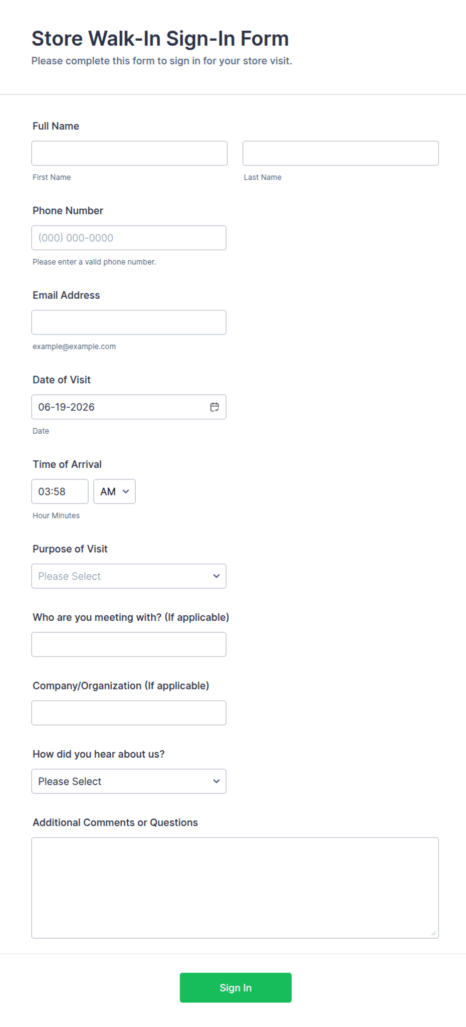 Store Walk-In Sign-In Form Template | Jotform